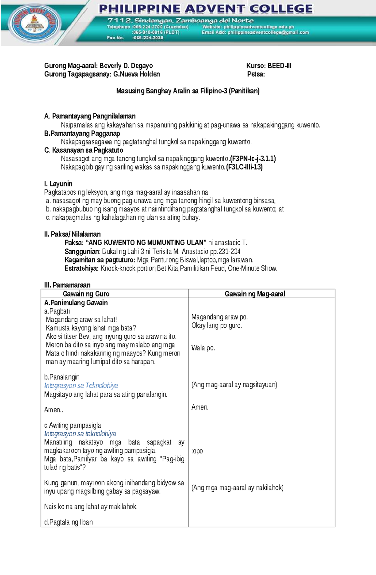 BEVERLY LESSON PLAN - Gurong Mag-aaral: Beverly D. Degayo Kurso: BEED-III Gurong Tagapagsanay: G ...