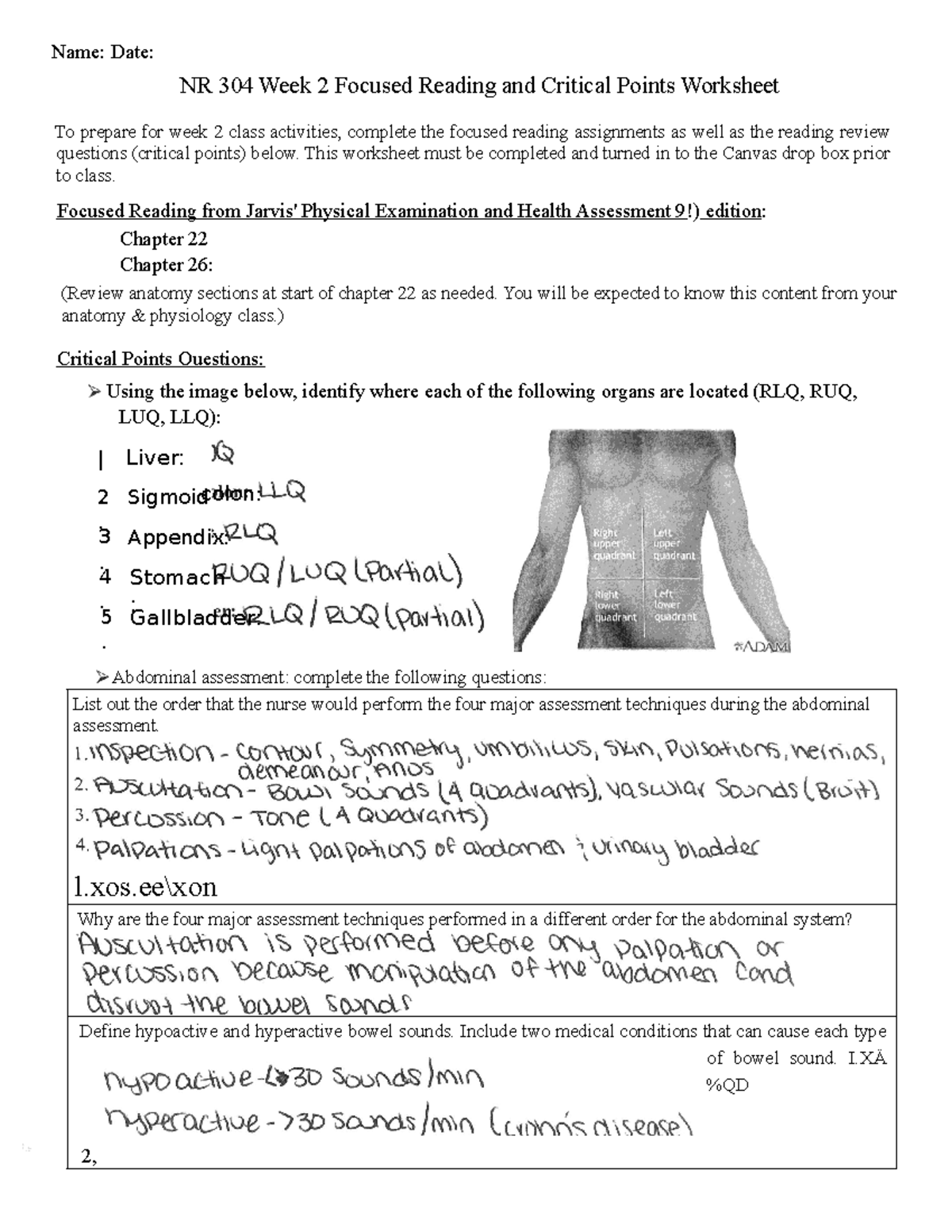 Critical Points WK 2 - Name: Date: NR 304 Week 2 Focused Reading and ...