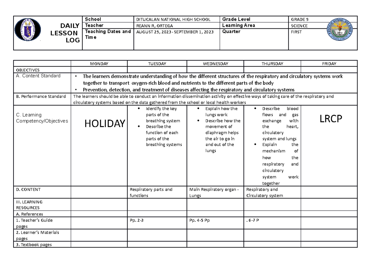 Daily Lesson science 9 - DAILY LESSON LOG School DITUCALAN NATIONAL ...