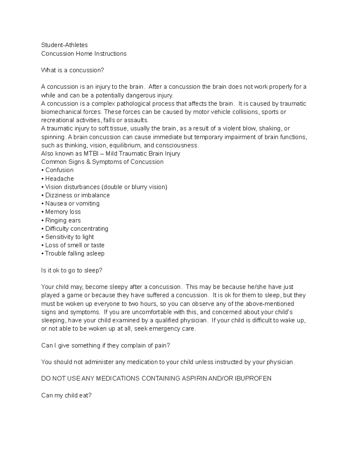 Concussion Notes- HPEM - Student-Athletes Concussion Home Instructions ...