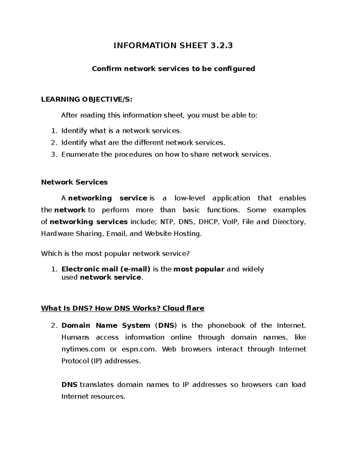 CSS - Info Sheet 3.2-3 - Confirm network services to be configured ...