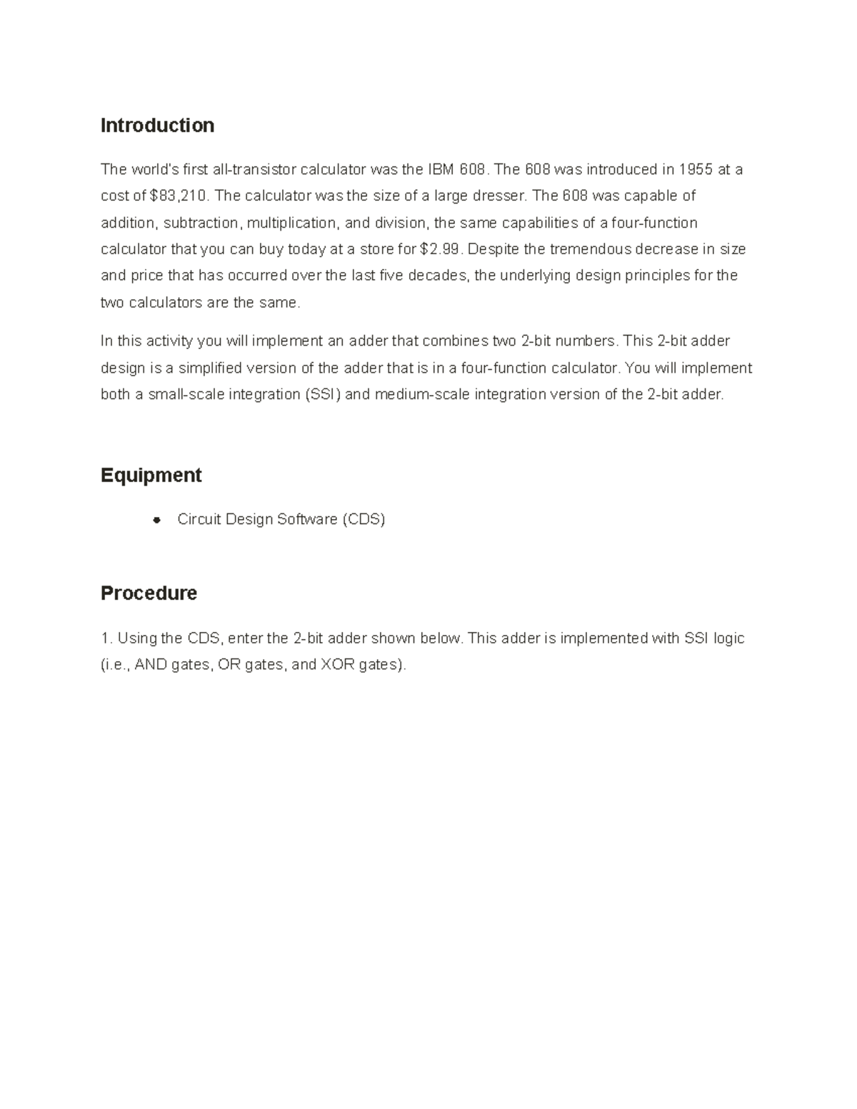 Activity 2.3.5 XOR/NOR binary adders - Introduction The world’s first ...