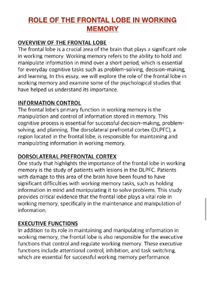 Notes: Role of the Frontal Lobe in Working Memory - 8640 - Studocu