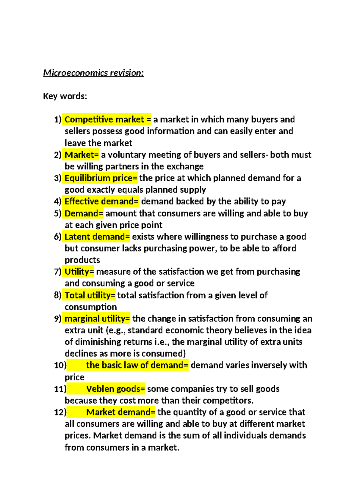 Key words - notes - Microeconomics revision: Key words: 1) Competitive ...