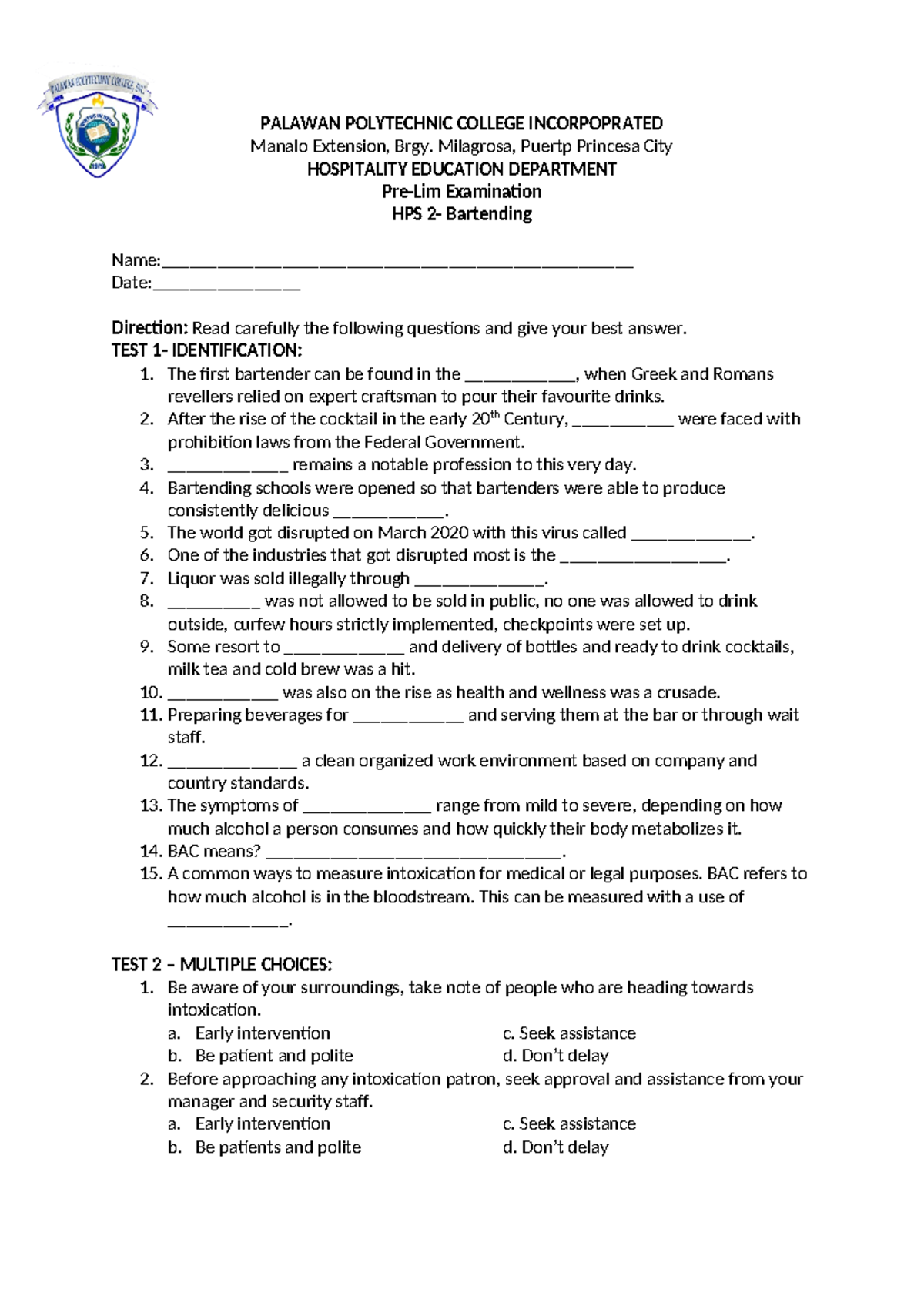 Bartending - for my students - PALAWAN POLYTECHNIC COLLEGE ...