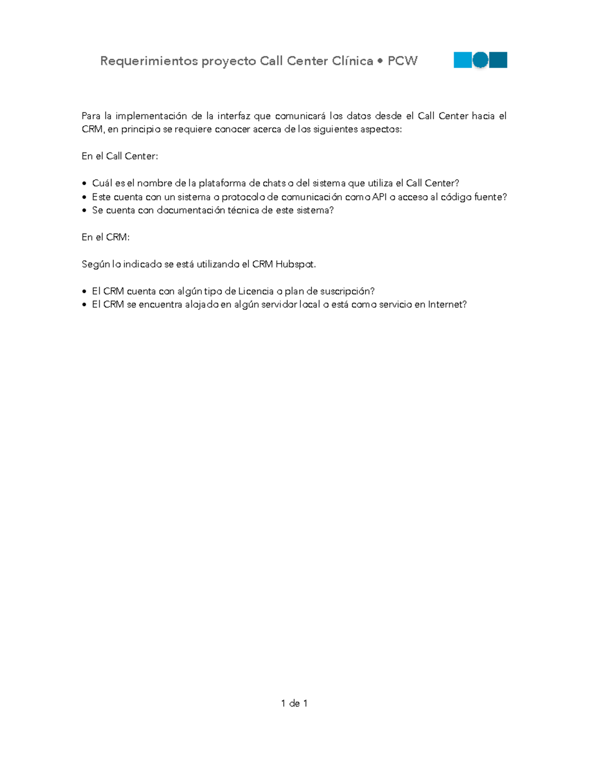 Proyecto CCC - Requerimientos proyecto Call Center Clínica • PCW Para ...