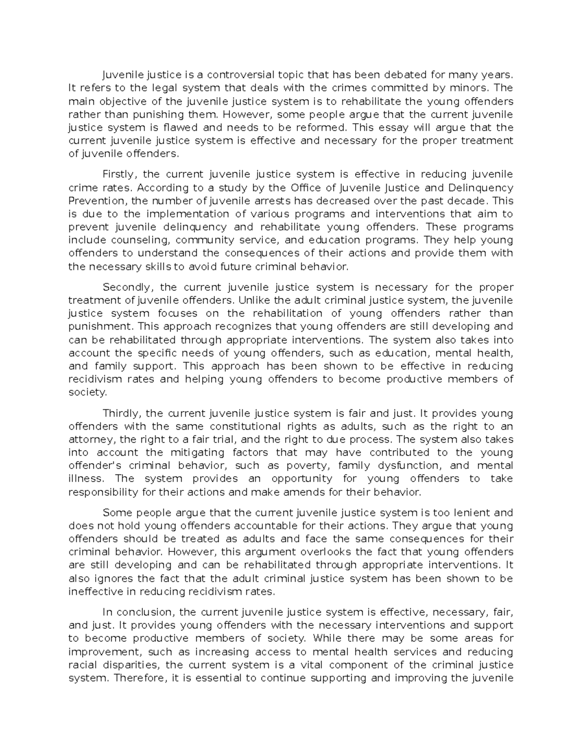 Aldren's Argumentative Essay - Juvenile justice is a controversial ...