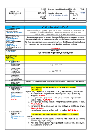 EPP 4 COT 1 - Classroom Observation - GRADE 1 to 12 DAILY LESSON PLAN SCHOOL S. Saway Central ...