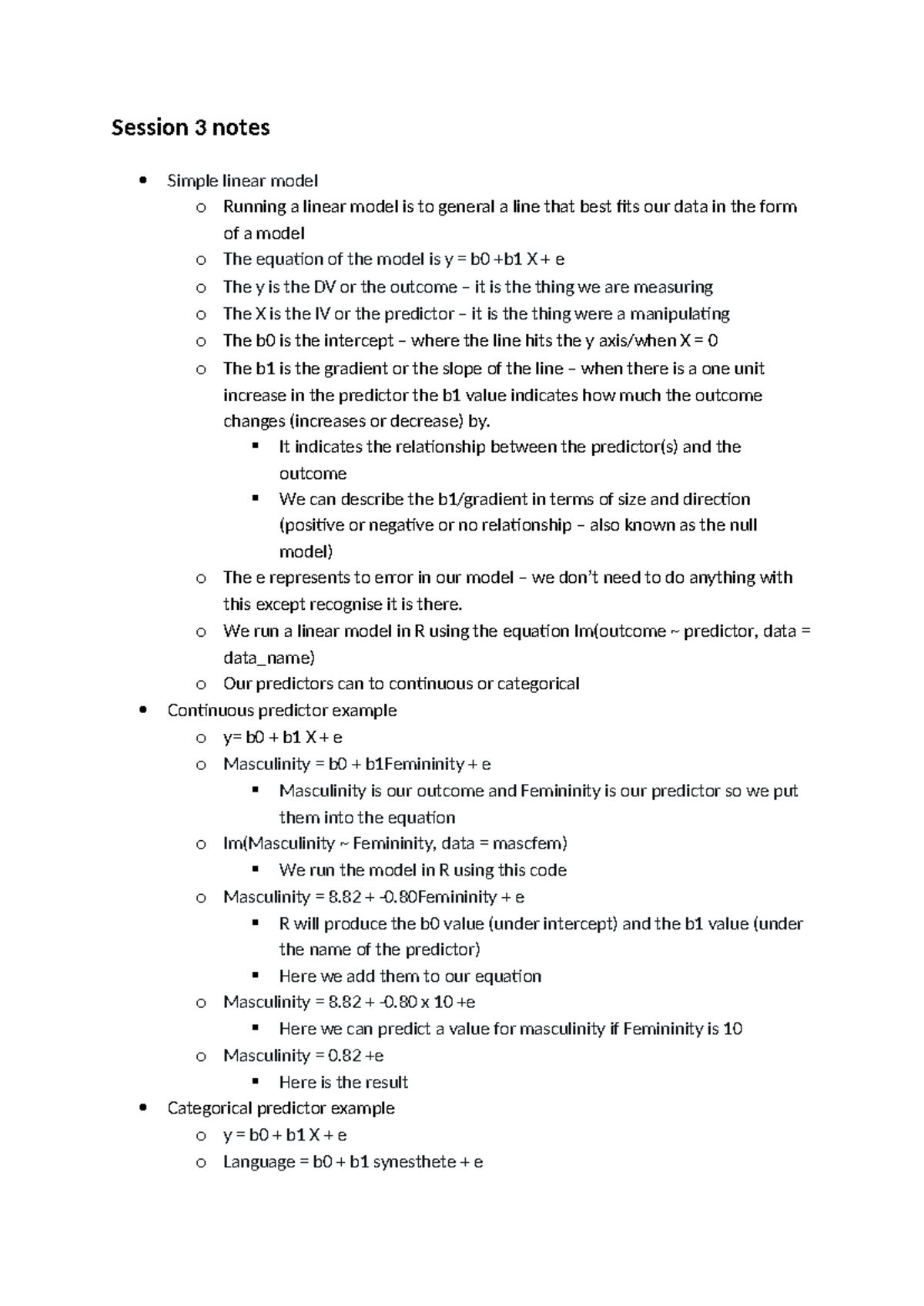 Linear model notes - Session 3 notes Simple linear model o Running a ...
