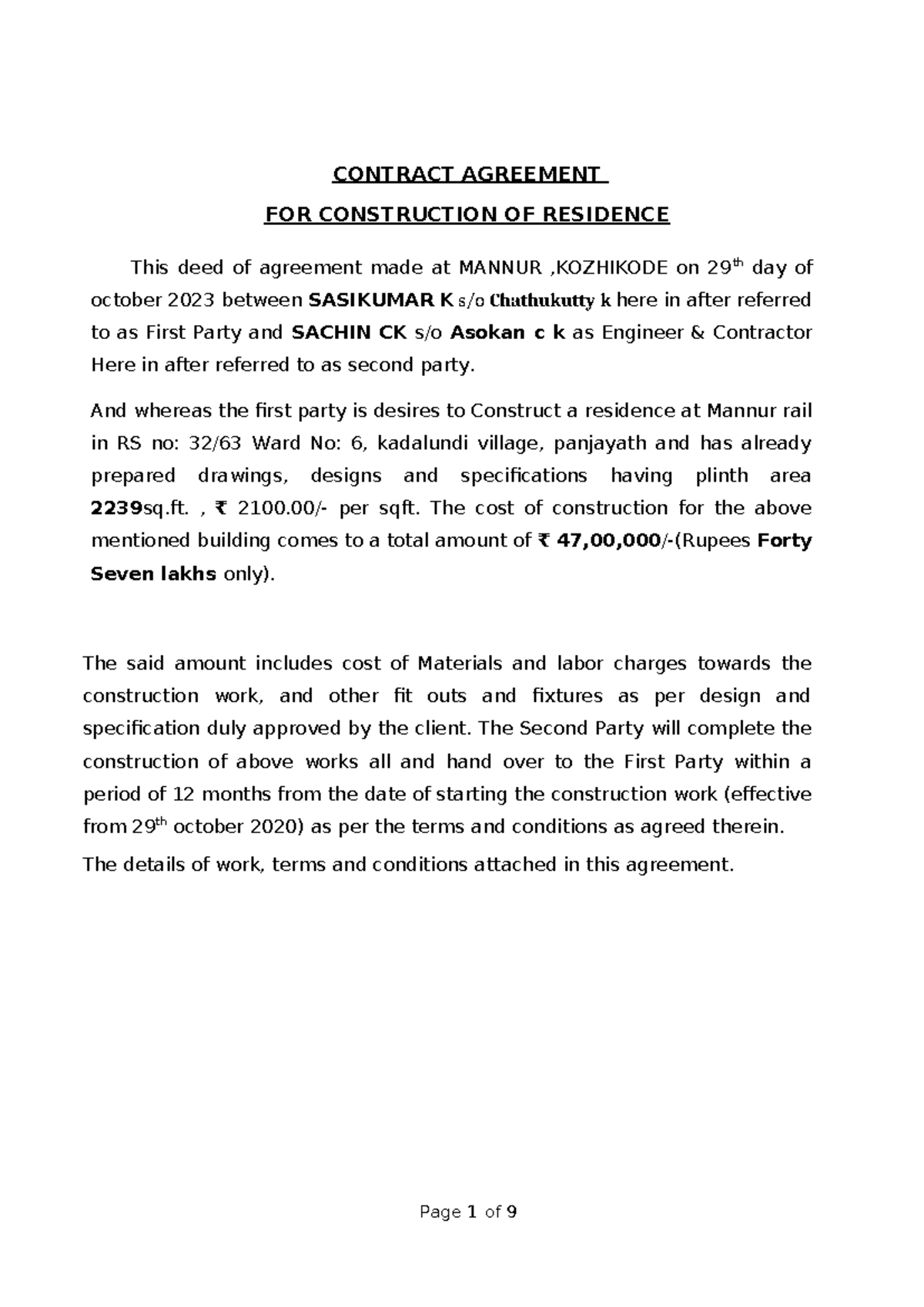 Contract agreement - CONTRACT AGREEMENT FOR CONSTRUCTION OF RESIDENCE ...