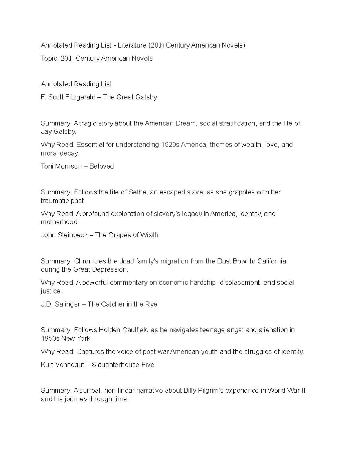Annotated Reading List Literature 20th Century American Novels - Scott ...
