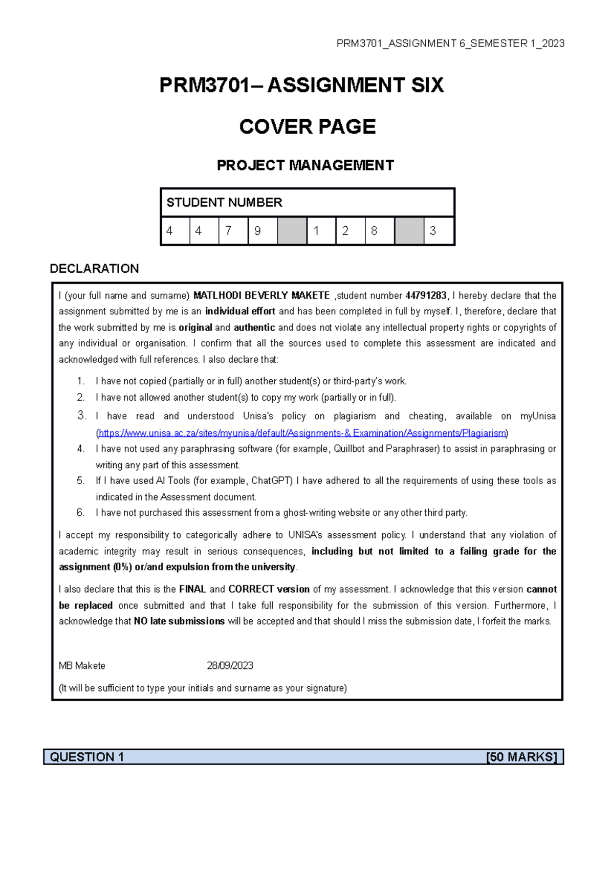 PRM3701 Assessment 6 2023 - PRM3701– ASSIGNMENT SIX COVER PAGE PROJECT ...
