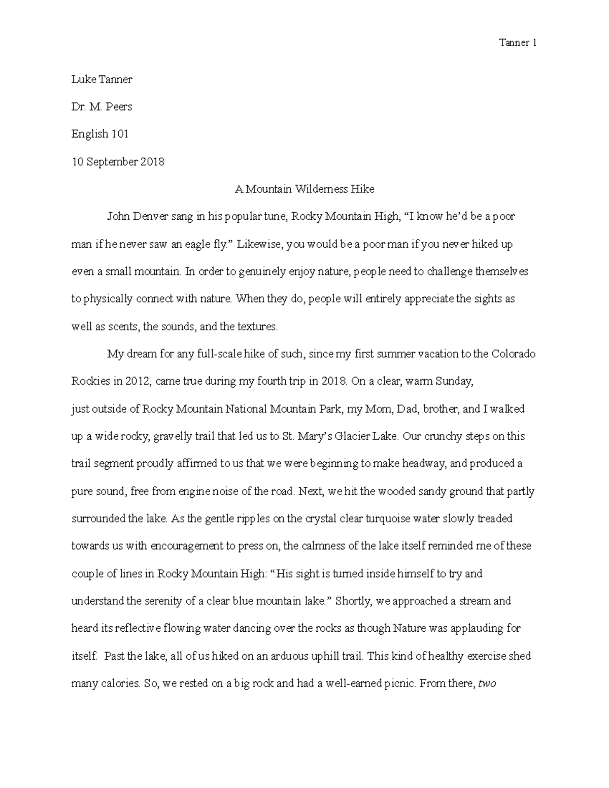 Top final Draft Narrative Essay premium - Luke Tanner Dr. M. Peers ...