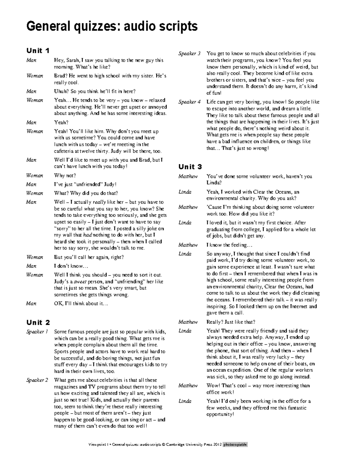 VP1 QUIZ Scripts - dkfmkfmejfo - General quizzes: audio scripts Unit 1 ...