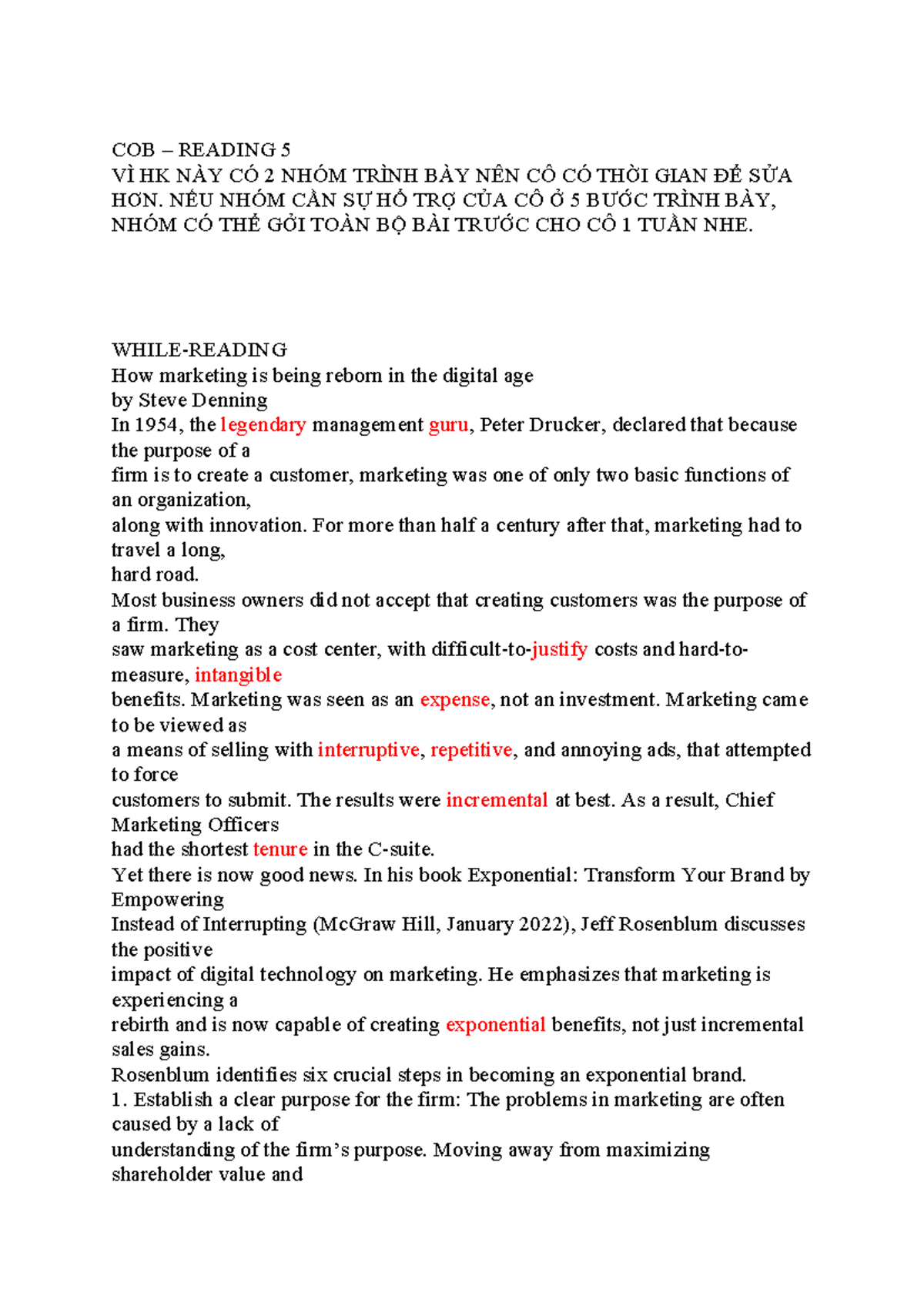 COB Reading 5 - COB – READING 5 VÌ HK NÀY CÓ 2 NHÓM TRÌNH BÀY NÊN CÔ CÓ ...