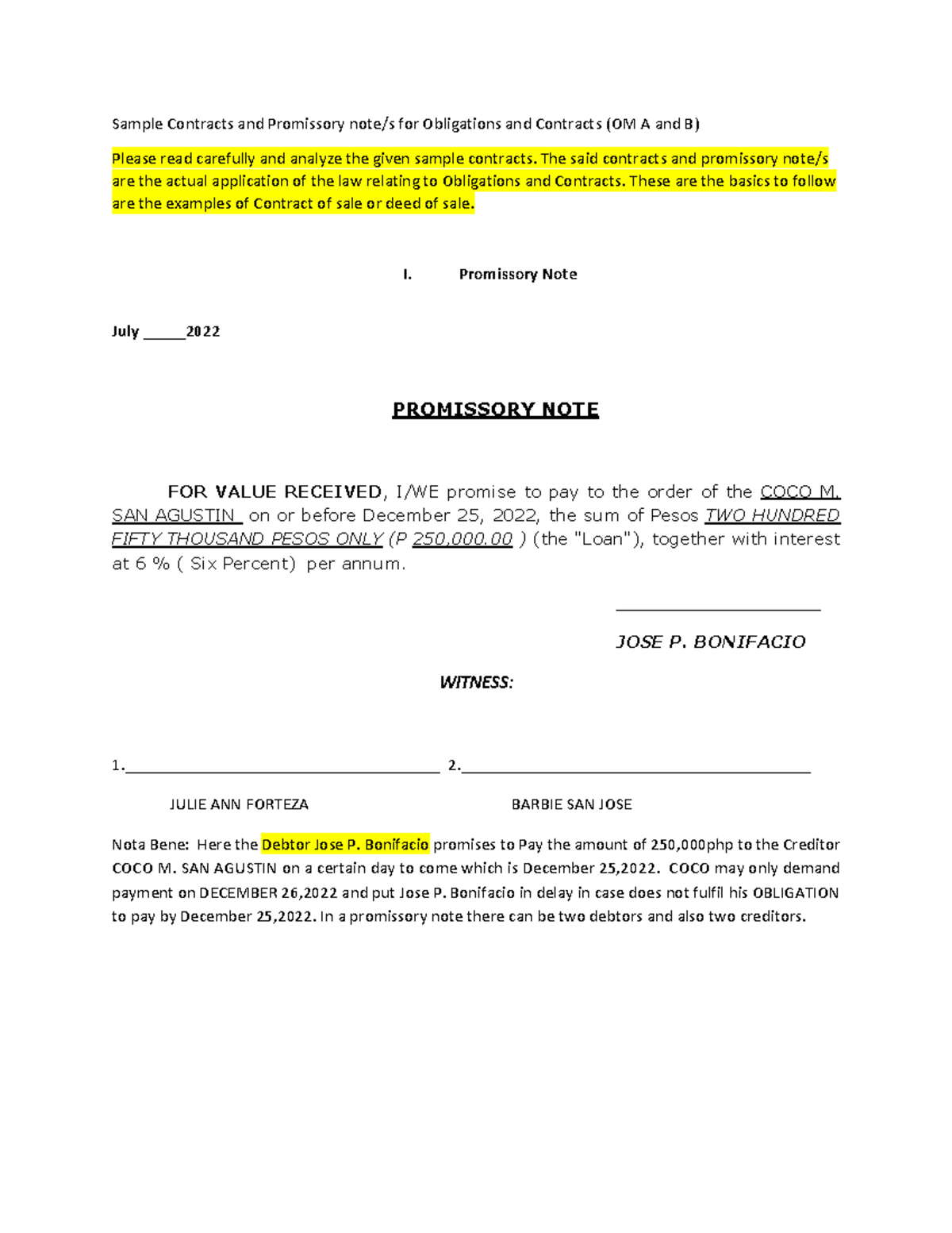 Sample Contracts and Promissory note FOR BSBA OM A and B - Sample ...