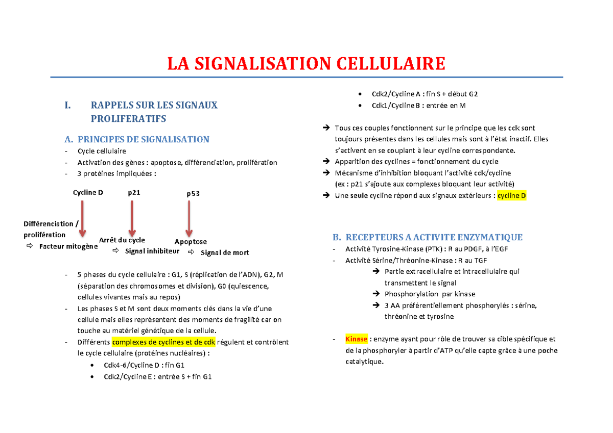 LA Signalisation Cellulaire - LA SIGNALISATION CELLULAIRE I. RAPPELS ...