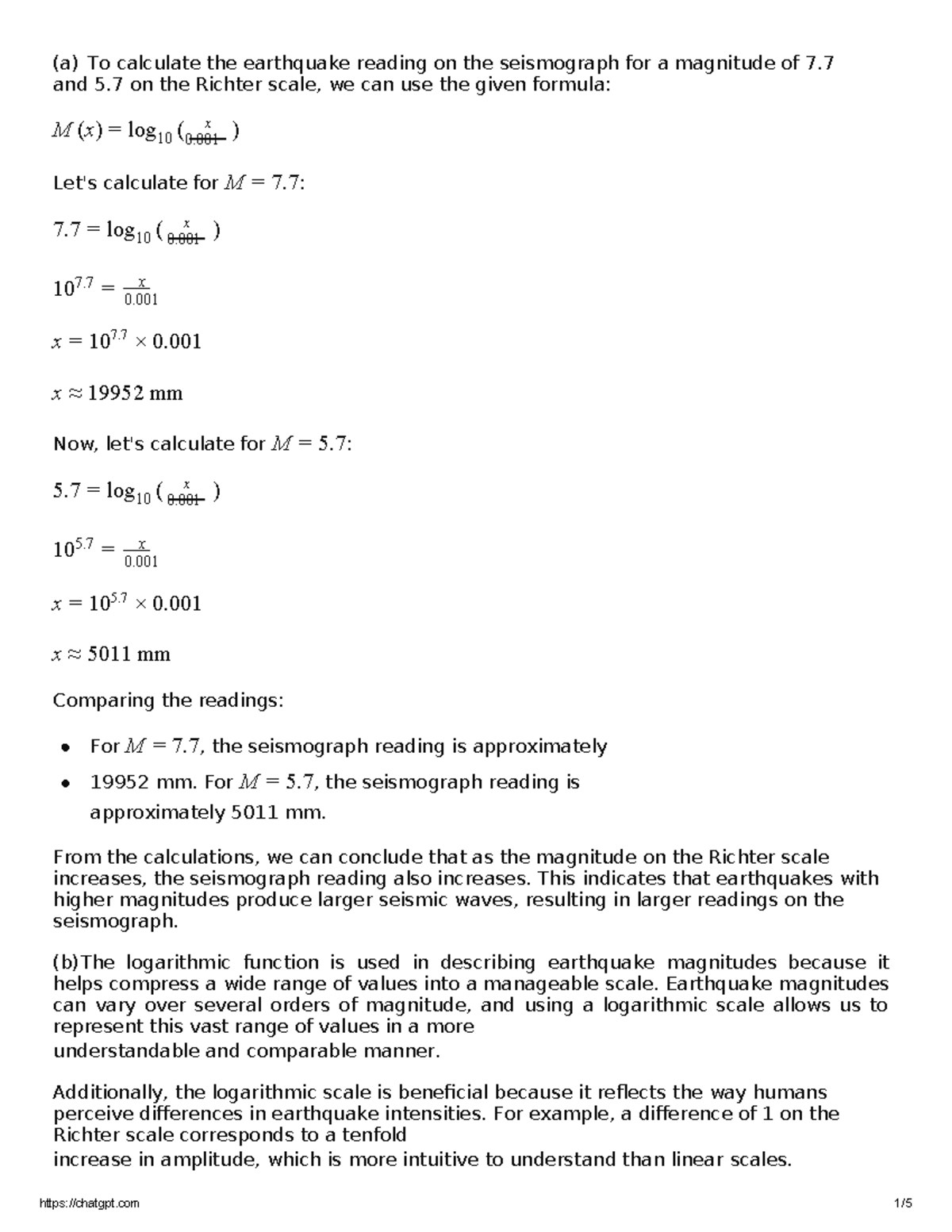 College algebra 5 - 0. 0. 0. (a) To calculate the earthquake reading on ...