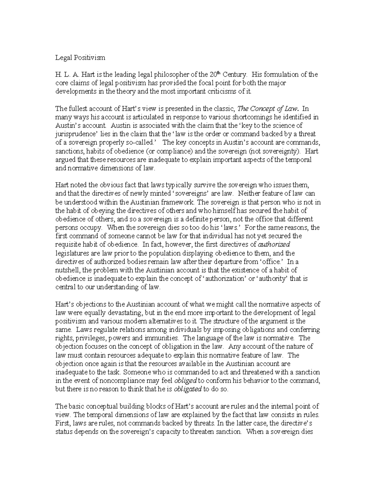 Legalpositivism 1.1 1 - note - Legal Positivism H. L. A. Hart is the ...