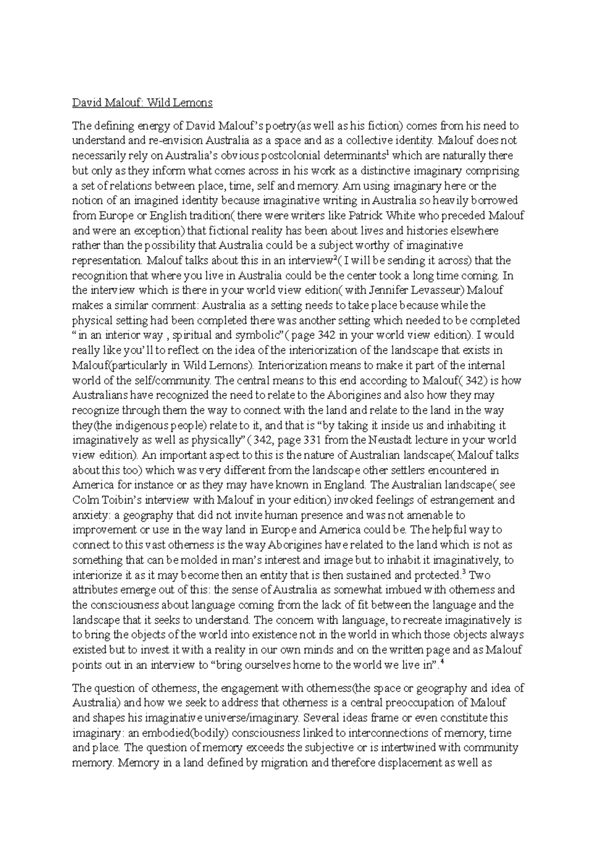 Lecture notes on David Malouf - David Malouf: Wild Lemons The defining ...