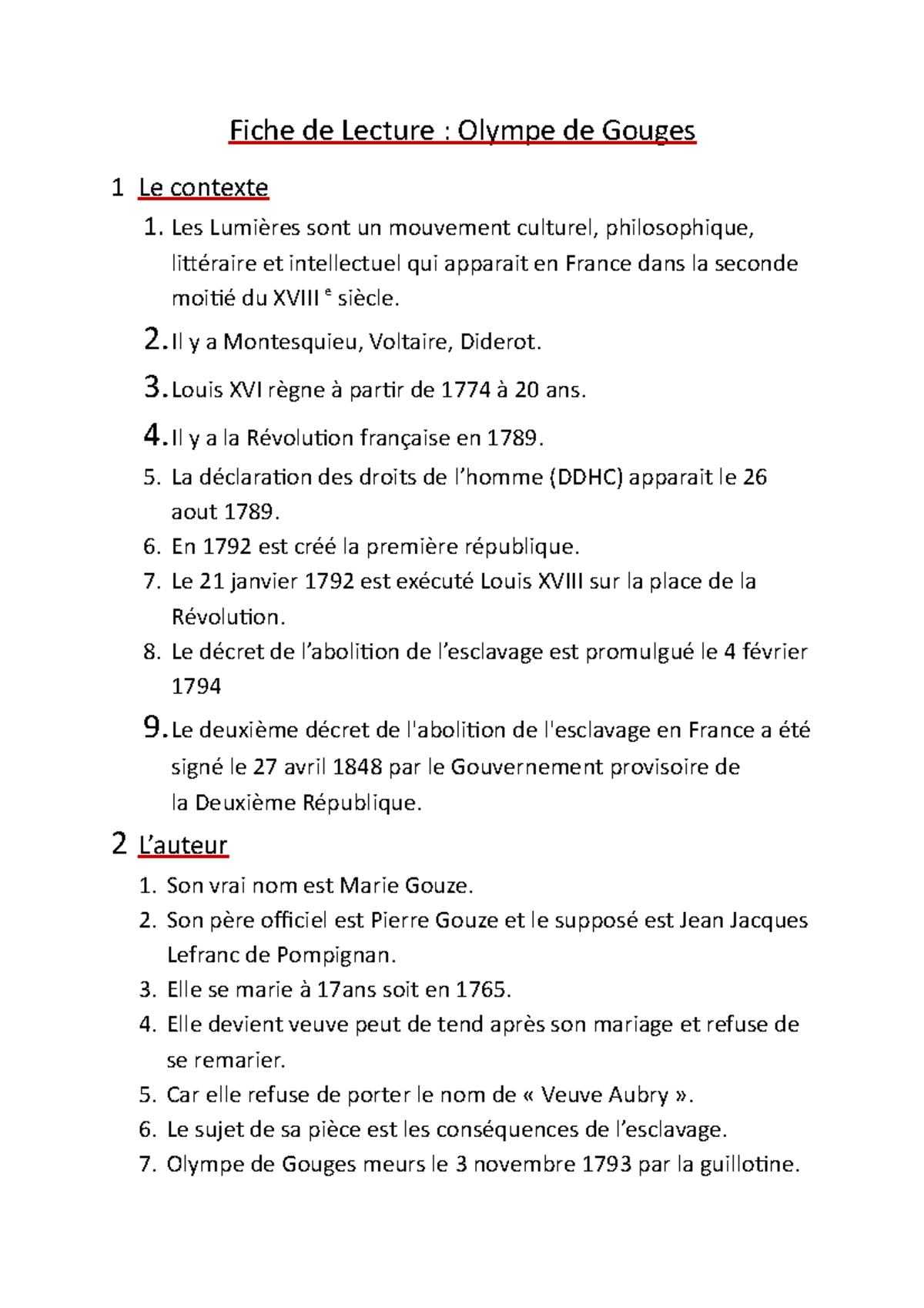 Fiche lecture - Fiche de Lecture : Olympe de Gouges 1 Le contexte 1 ...