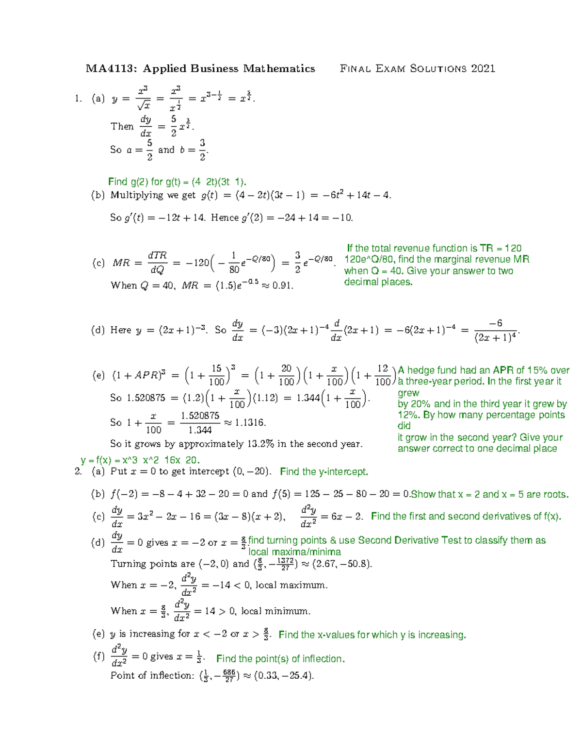 MA4113 Final Exam Solutions 2021 - MA4113: Applied Business Mathematics Final Exam Solutions ...