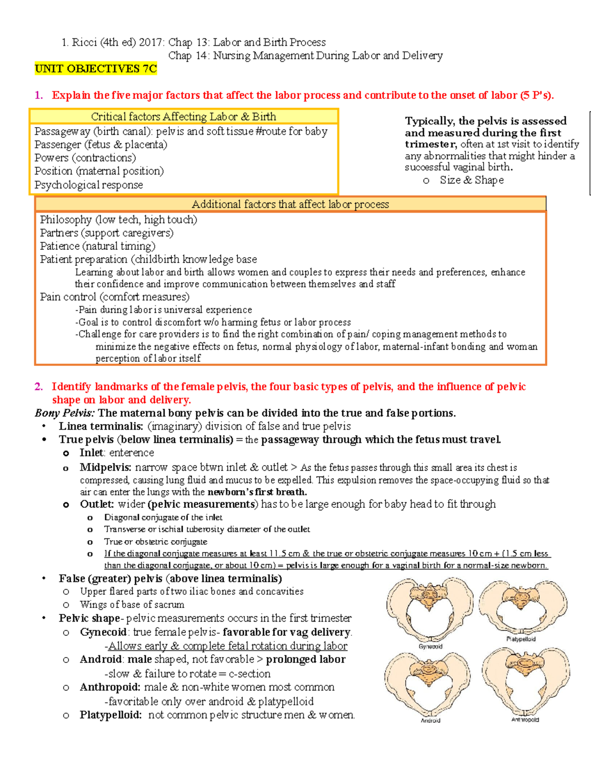 OB Obj 7c ch-13-14 revised - 1. Ricci (4th ed) 2017: Chap 13: Labor and ...