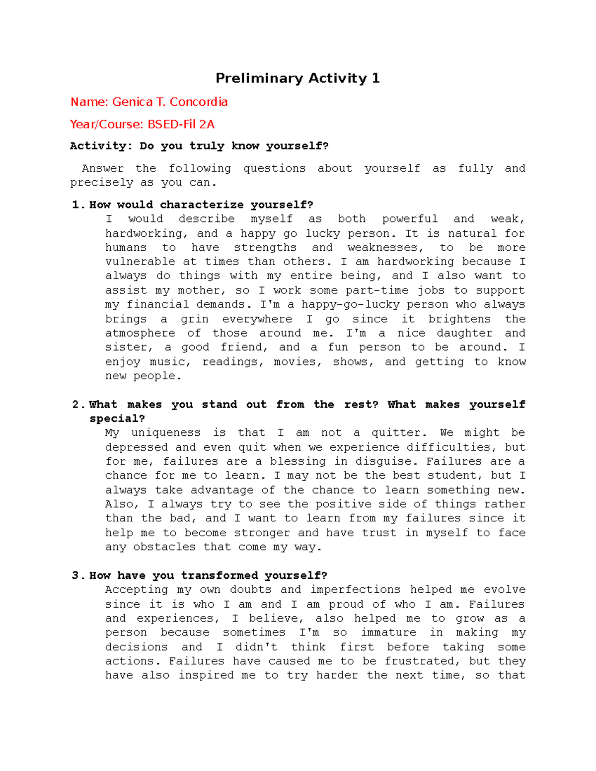 Preliminary Activity 1 - Concordia Year/Course: BSED-Fil 2A Activity ...