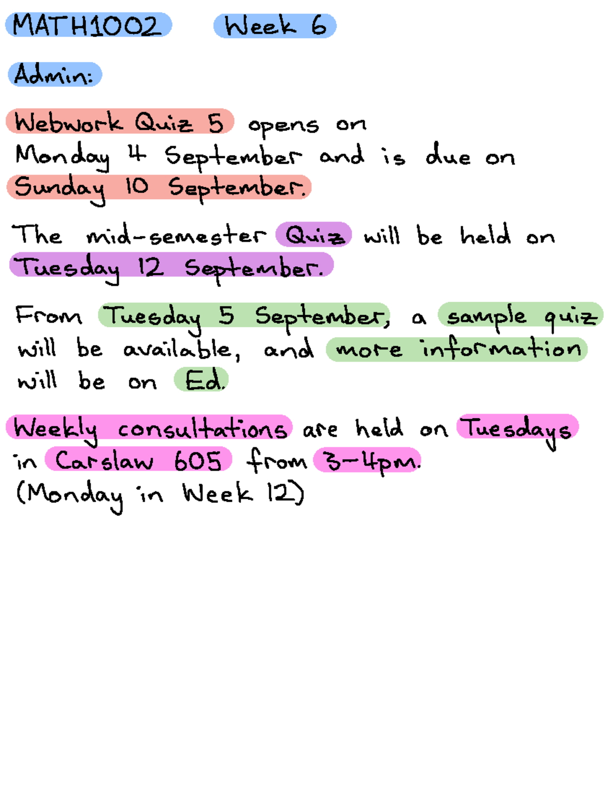 1002 week 6 - Summary Linear Algebra - MATH1002 Week 6 Admin: Webwork Quiz 5 opens on Monday 4 ...