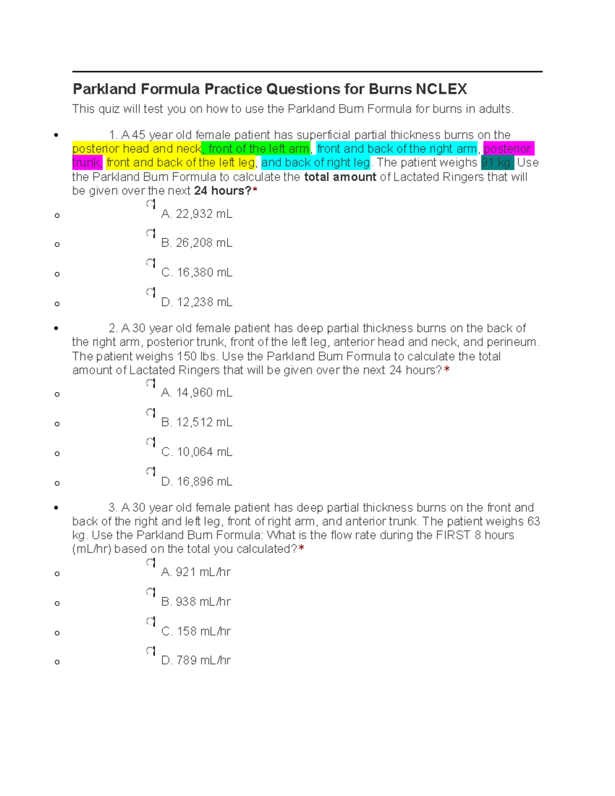 Parkland Formula Practice Questions for Burns Nclex - Parkland Formula ...