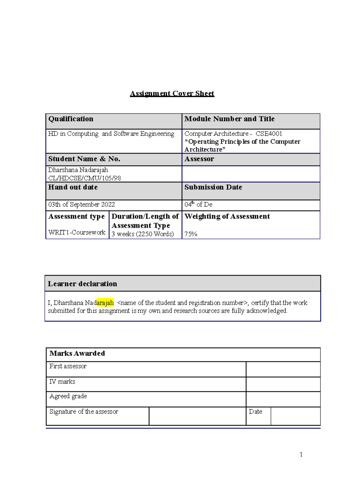 CSE4001 Writ 1 - done - Assignment Cover Sheet Qualification Module ...