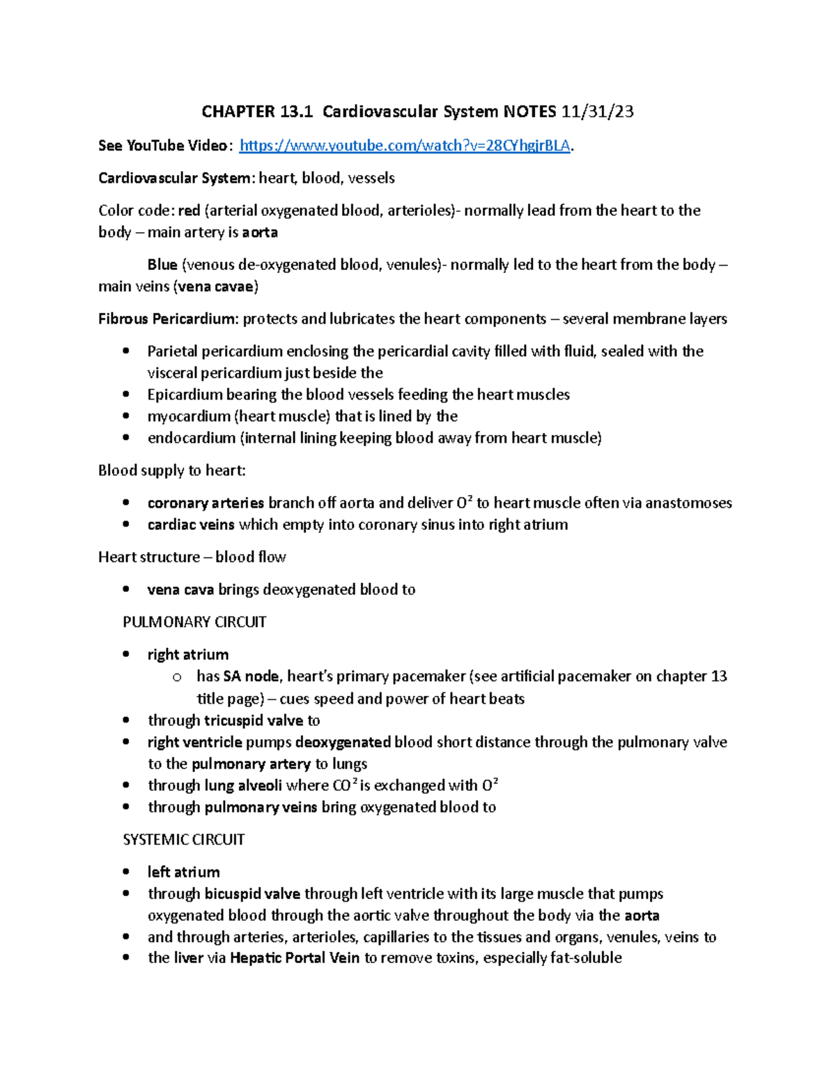 Chapter 13 Cardiovascular System Notes - CHAPTER 13 Cardiovascular ...