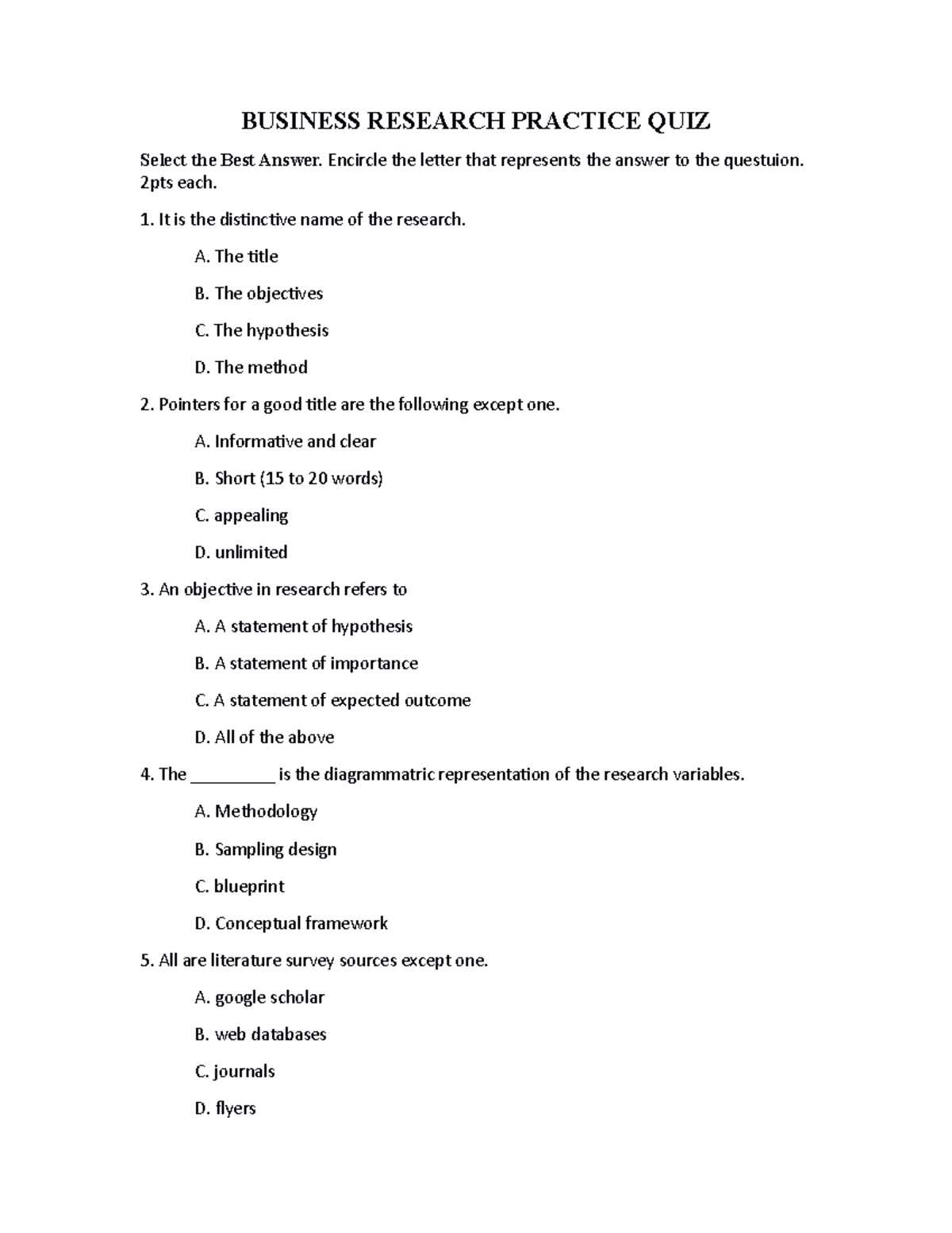 Business Research Practice QUIZ - BUSINESS RESEARCH PRACTICE QUIZ ...
