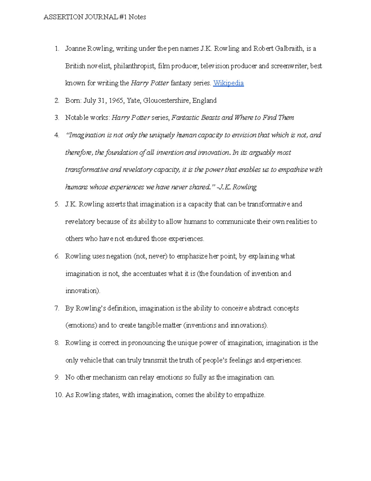 Assertion Journal #1 Notes - ASSERTION JOURNAL #1 Notes Joanne Rowling ...