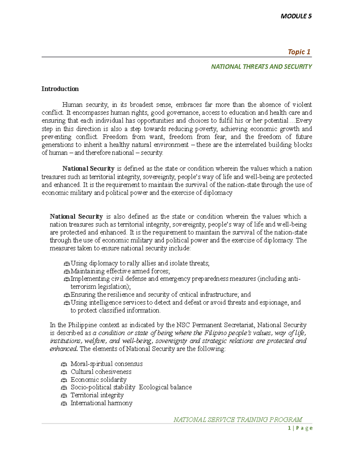 Module 5 National Security ISUA NSTP - Topic 1 NATIONAL THREATS AND ...