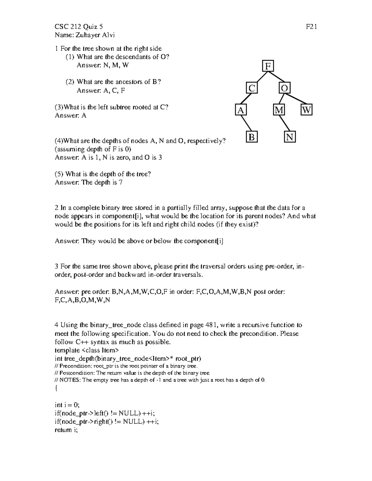 Quiz5 - Quiz 5 - CSC 212 Quiz 5 F Name: Zuhayer Alvi 1 For the tree ...