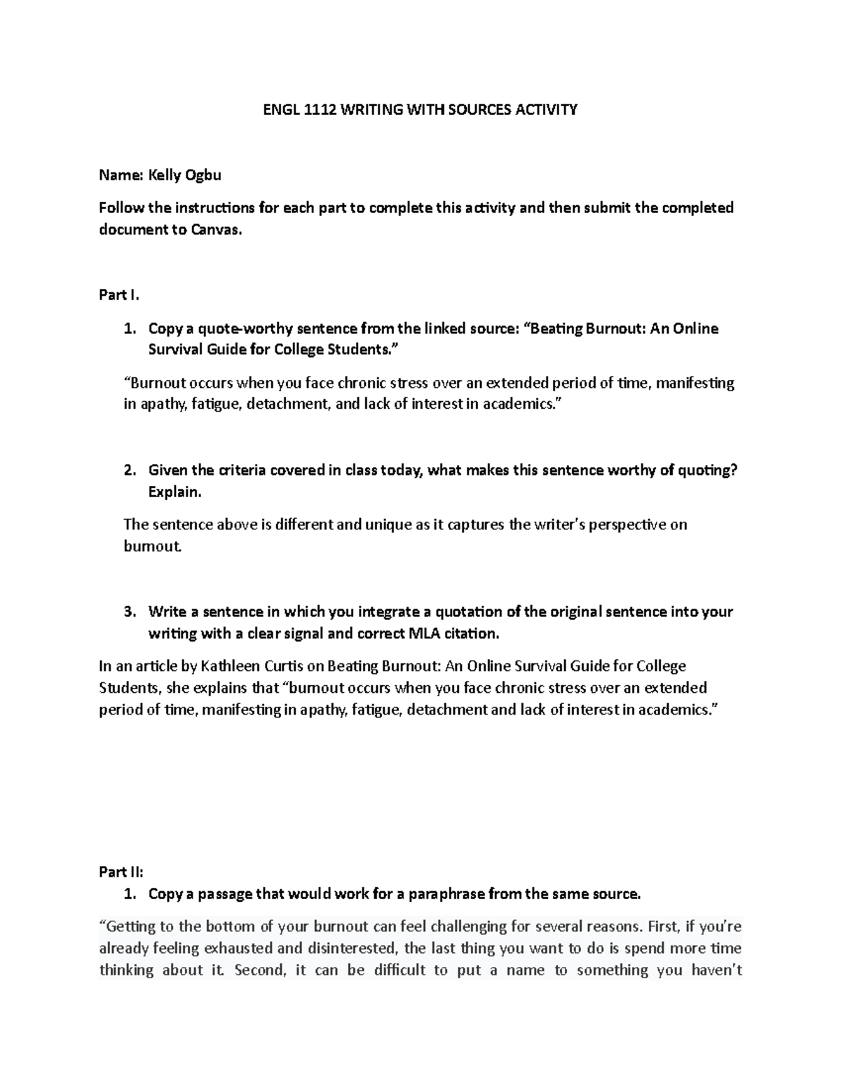 ENGL 1112 Quotation and Paraphrase Activity - ENGL 1112 WRITING WITH ...
