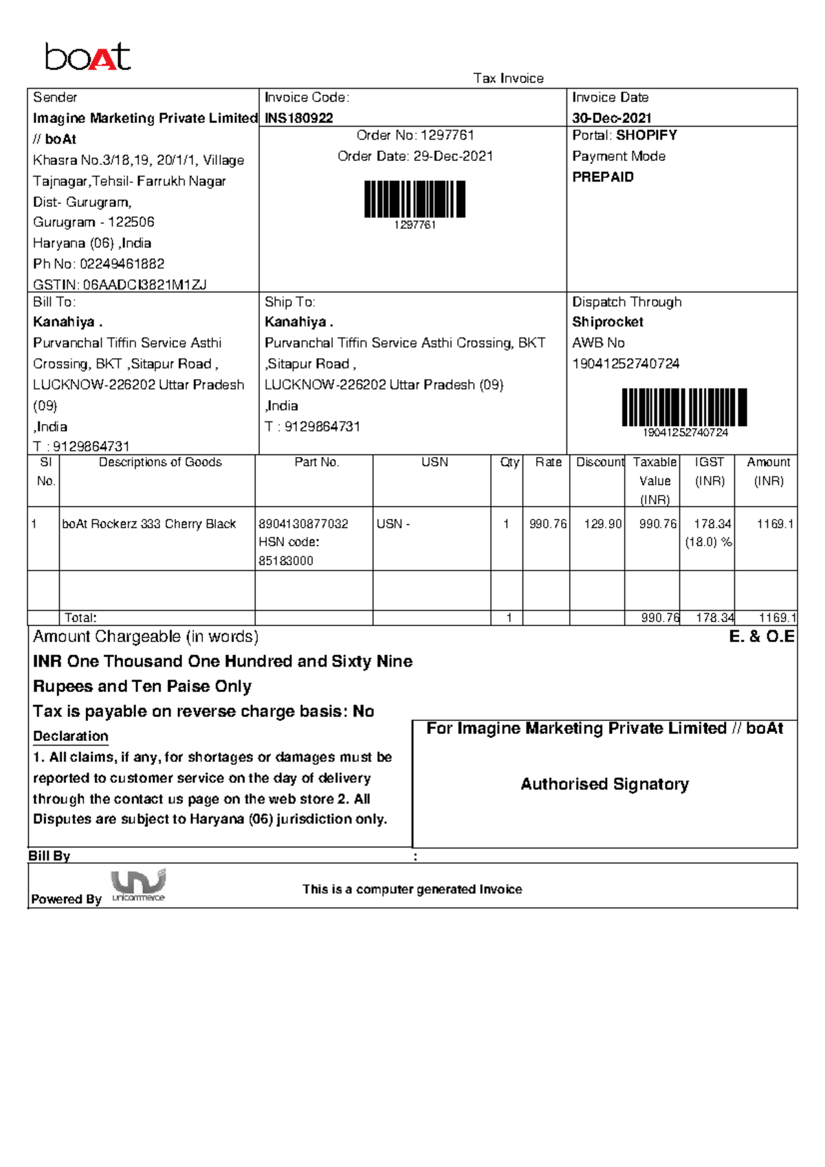 Invoice - Tax Invoice Sender Imagine Marketing Private Limited // boAt ...