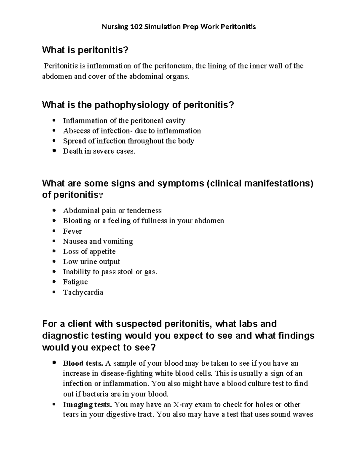 Simulation Prep Work Peritonitis - What is the pathophysiology of ...