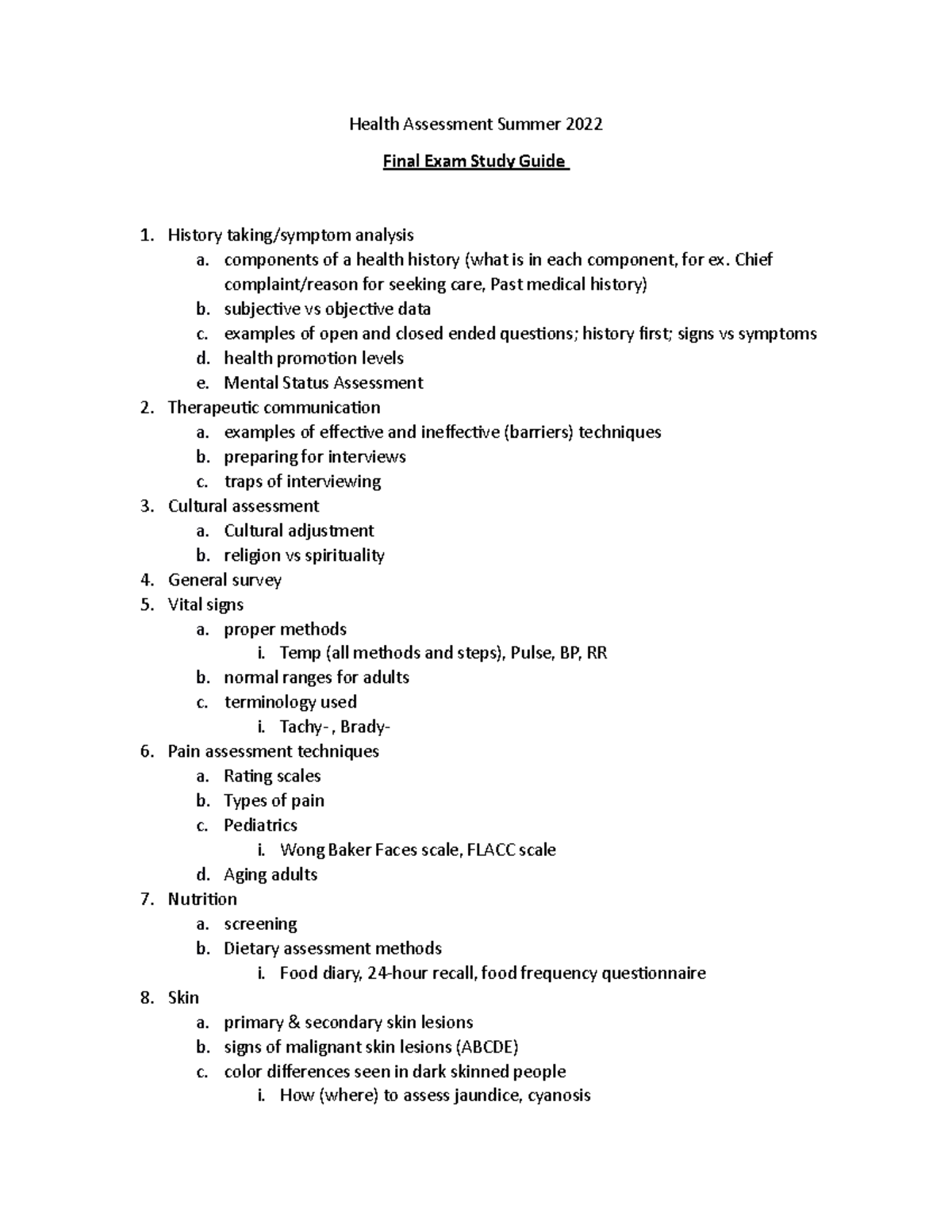 NUR2092 Health Assessment concept guide for final exam (1) - Health ...