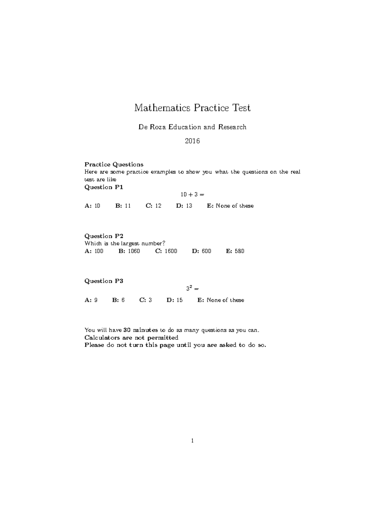 Sample Mathematics - Mathematics Practice Test De Roza Education and ...