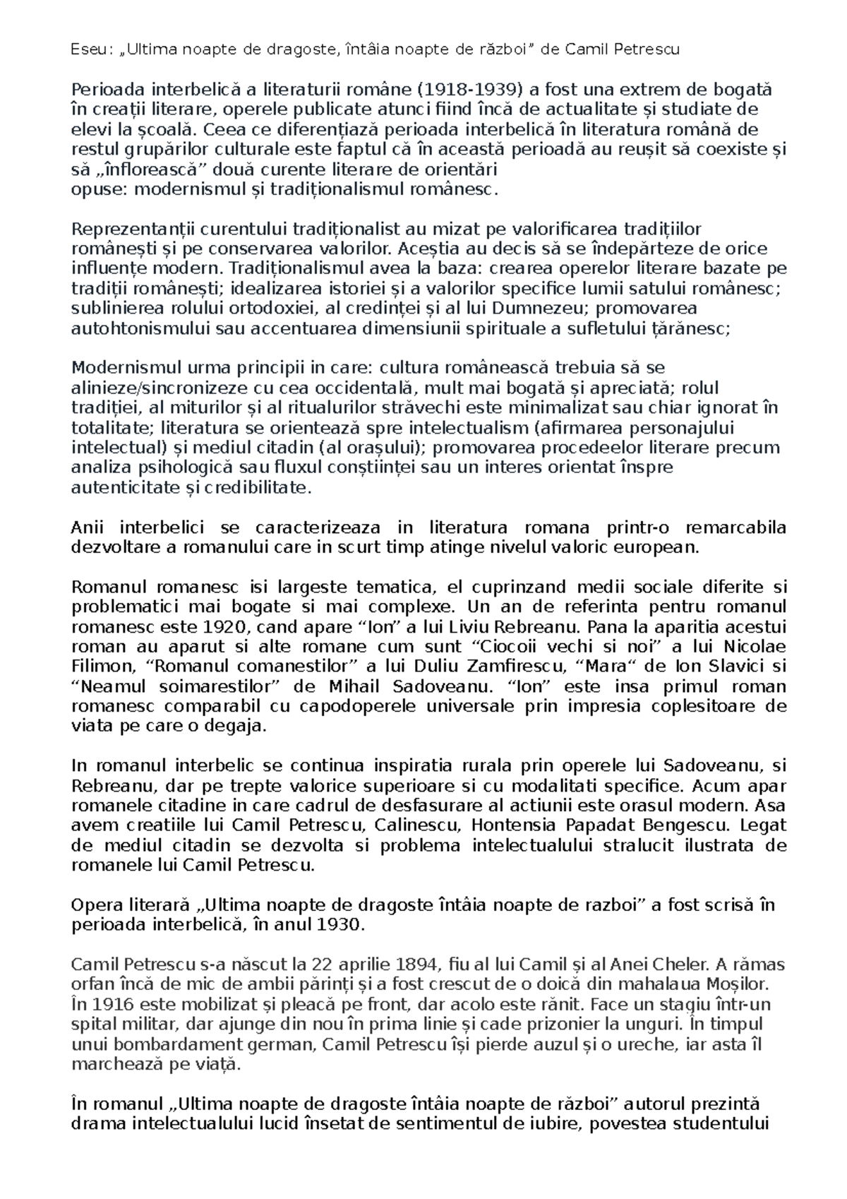 ESEU Ultima noapte - Eseu: „Ultima noapte de dragoste, întâia noapte de ...