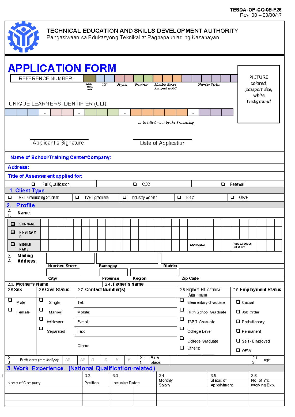 Application FORM 2020 2 - TESDA-OP-CO-05-F Rev. 00 – 03/08/ TECHNICAL ...