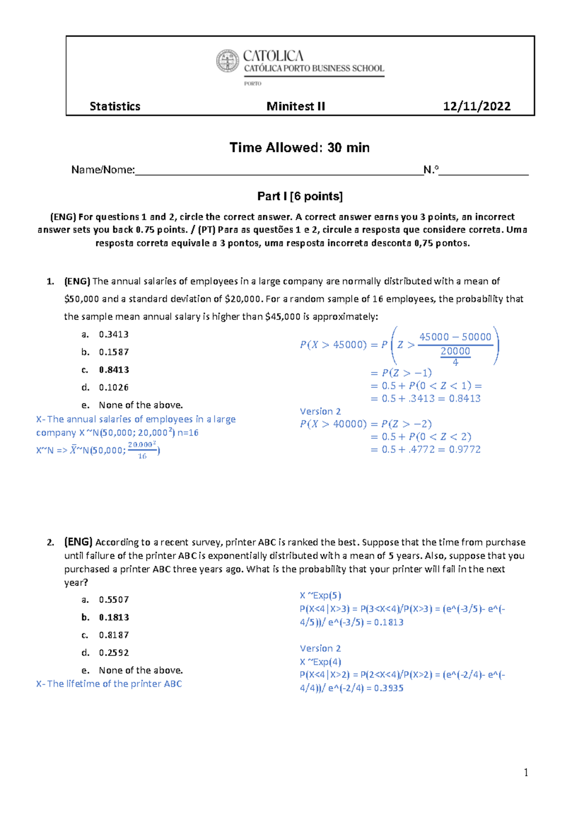 Mini Test 3-solutions - 1º teste - 1 Statistics Minitest II 12 /1 1 / ...