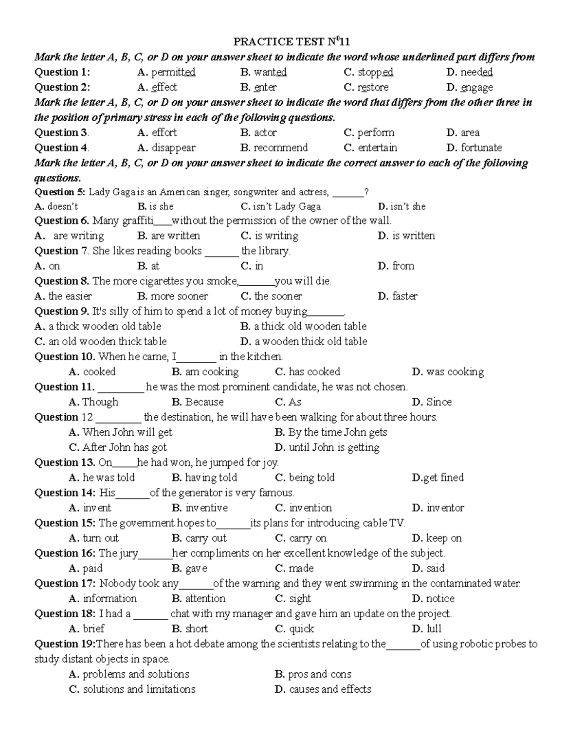 Practice TEST N011-20 - !!! - PRACTICE TEST N 011 Mark the letter A, B ...