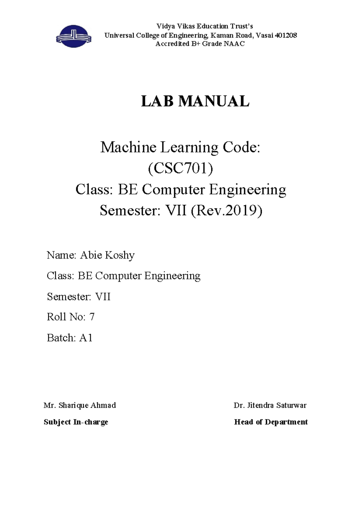 ML Laboratory Manual - Universal College of Engineering, Kaman Road, Vasai 401208 Accredited B+ ...