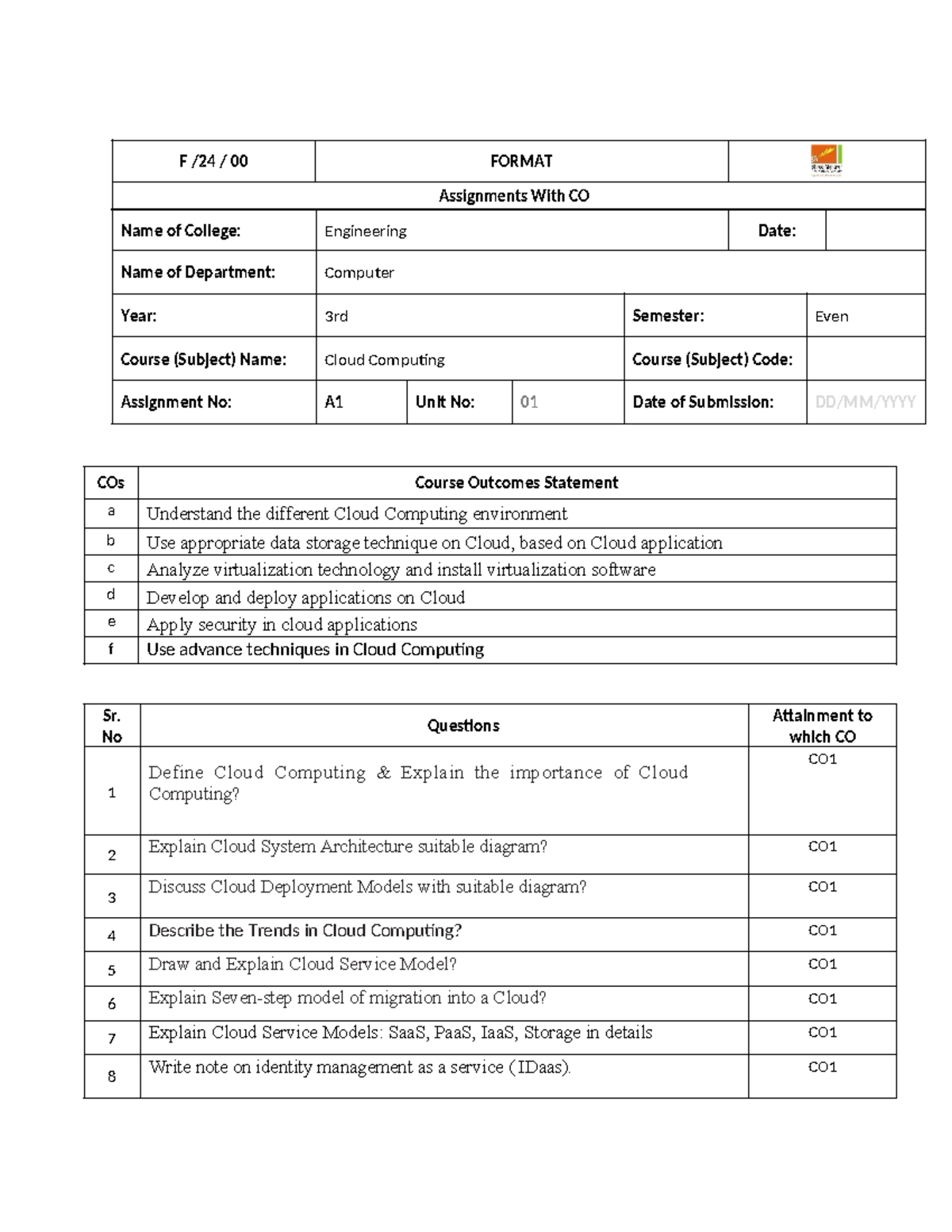CC Assignment 1 - F /24 / 00 FORMAT Assignments With CO Name of College ...