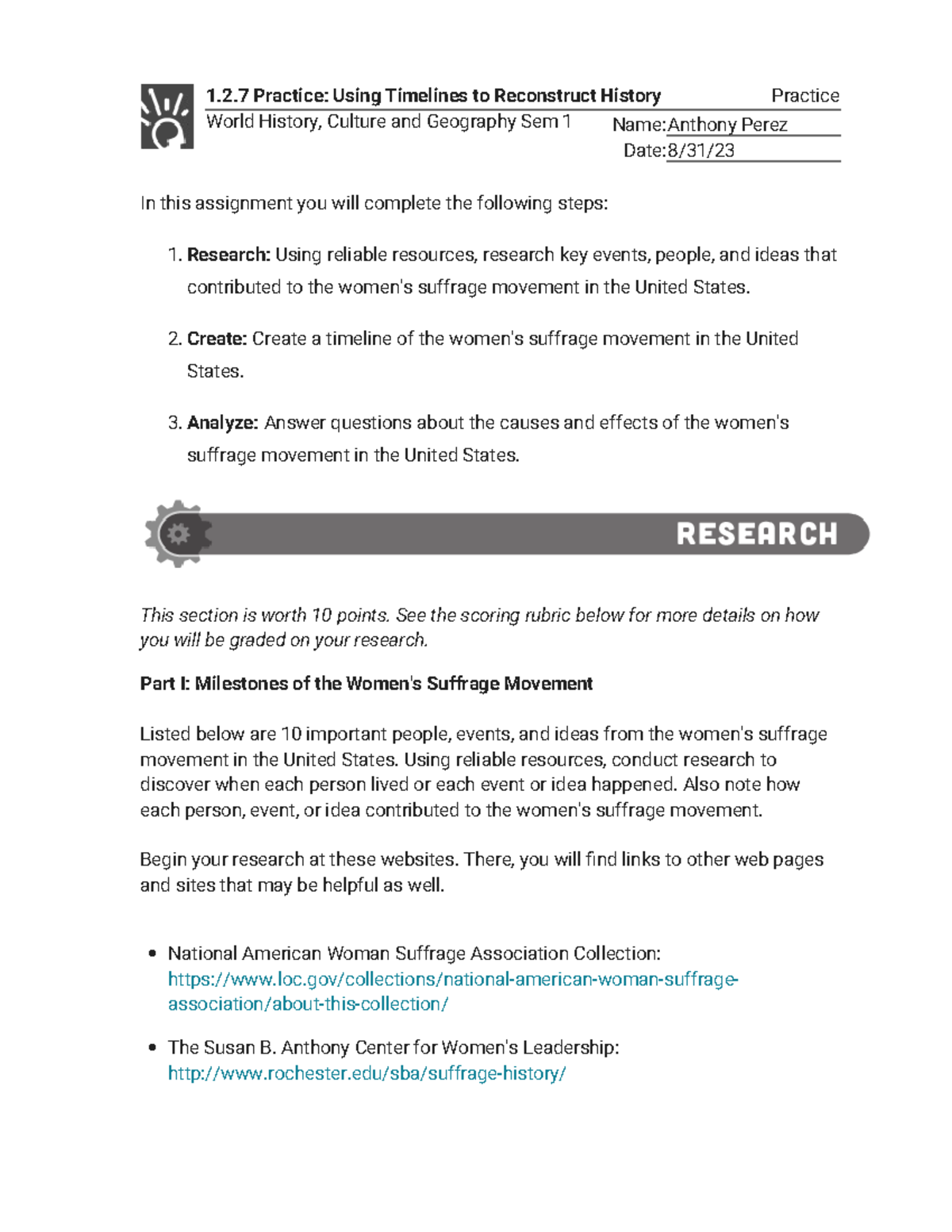 1.2.7 Practice - Using Timelines to Reconstruct History (Practice) - 1. ...