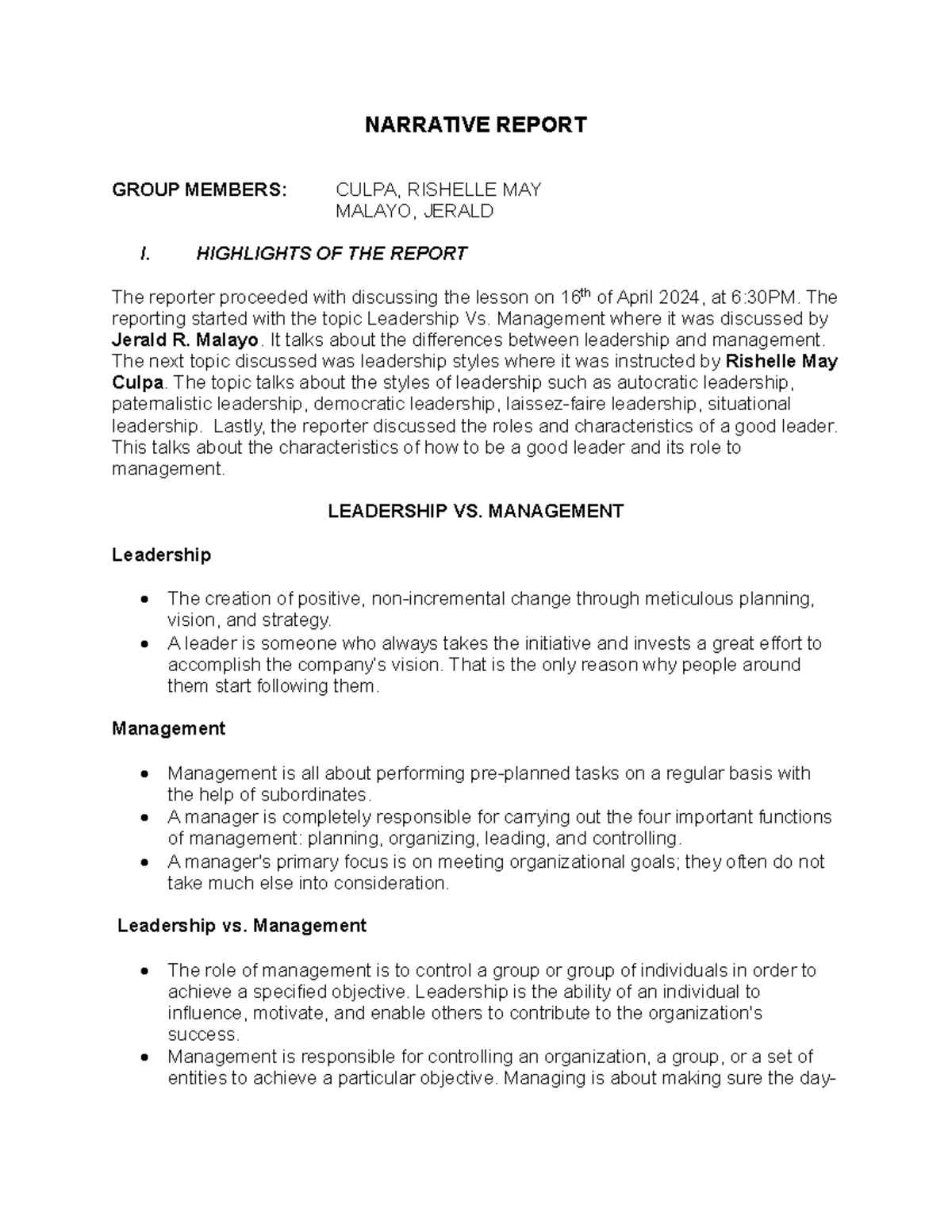Narrative Report IN Business Organization AND Management - NARRATIVE ...