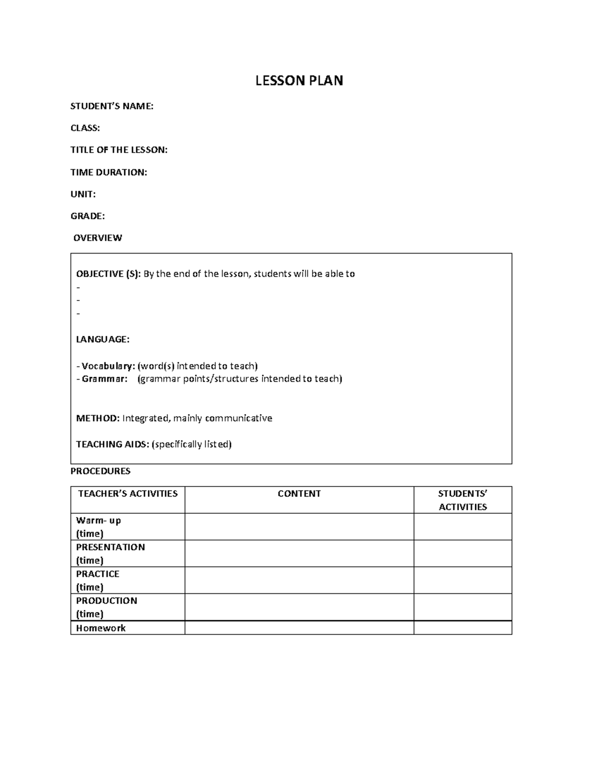 Lesson PLAN Sample Vocabulary - LESSON PLAN STUDENT’S NAME: CLASS ...